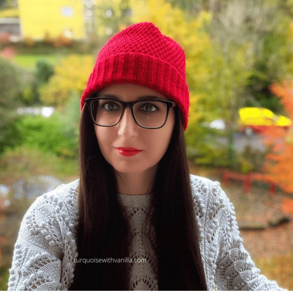 Crochet Alpine Beanie - Turquoise with Vanilla