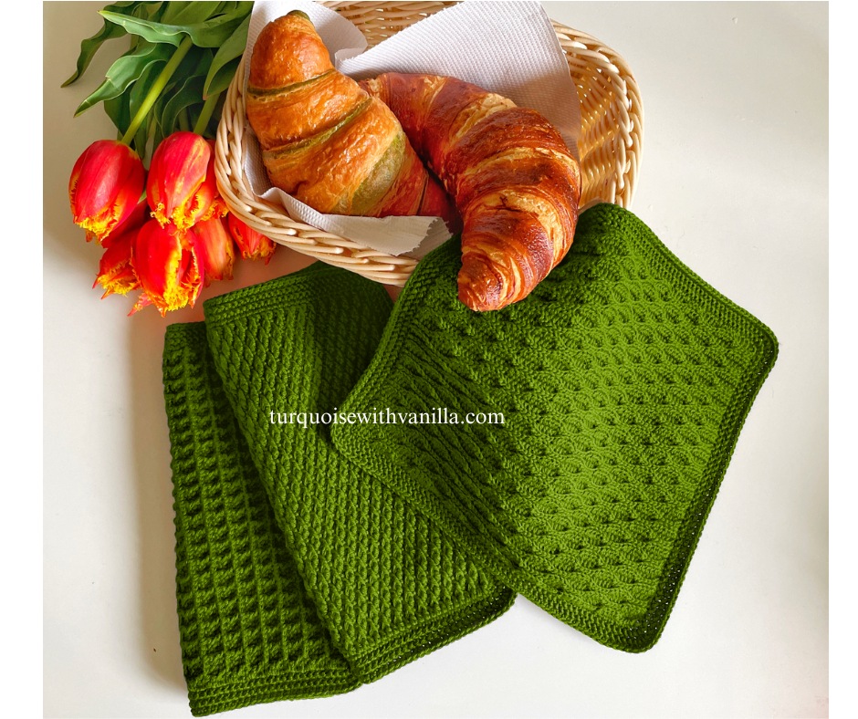 Trio crochet dishcloths - Turquoise with Vanilla